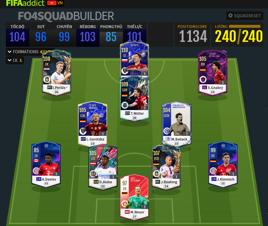 Đội hình Bayern FO4 4-2-1-3 tối ưu 240 lương hiệu quả